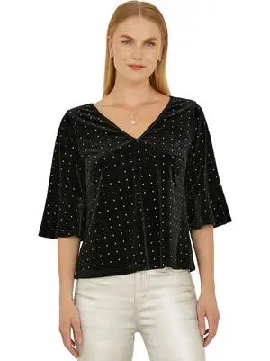 YUMI Velvet Studded Fluted Sleeve Top - Black