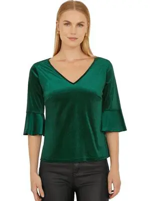 YUMI Velvet Studded Fluted Sleeve Top - Green