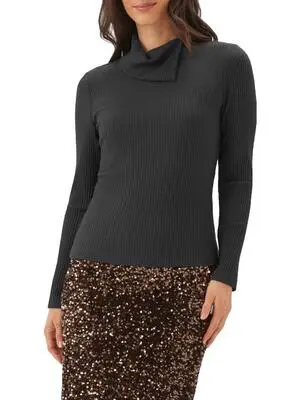 Karen Kane Ribbed Overlap Neck Long Sleeve Top - Black