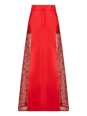 UCHÈ Uché Red Denim Maxi Skirt With Sequin Lace Panels