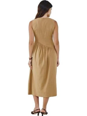 A.SHIMUS Sleeveless Asymmetrical Waist Linen-viscose Blend Midi Dress - Mocha Mousse