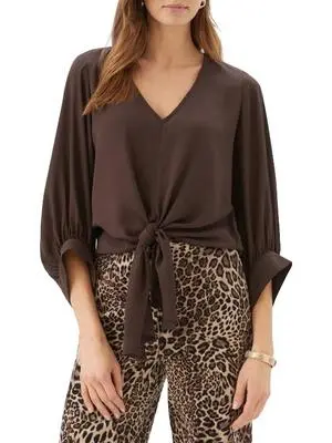 Karen Kane Blouson Sleeve Tie Front Top - Chocolate