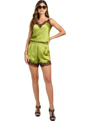 Trina Turk Safira Satin Lace Trim Shorts - Dark Fennel