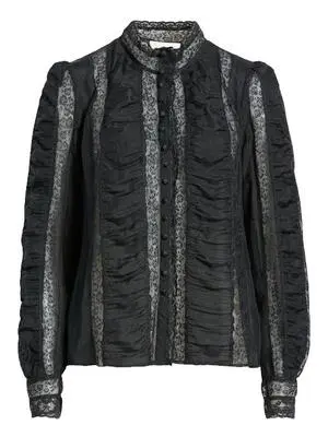 LoveShackFancy Jacque Lace Paneled Silk Button-up Shirt - Black