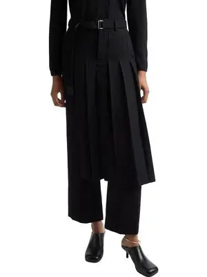 Sacai Pleated Overlay Wool Flannel Wide Leg Pants - Black