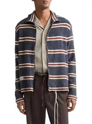 SONG FOR THE MUTE Striped Zip-up Funnel Neck Jacket - Navy