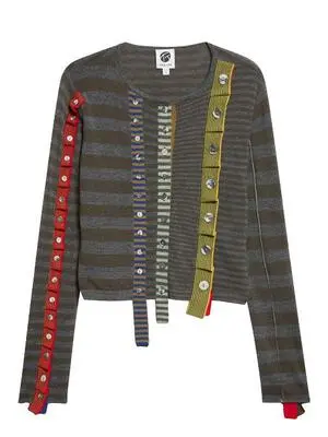 YANYAN Mismatch Placket Merino Wool Cardigan - Grey Multi