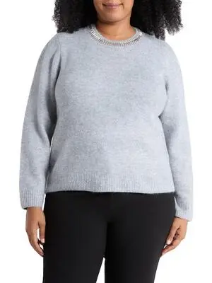 CECE DUPRAZ Embellished Neckline Pullover Sweater - Light Heather Grey