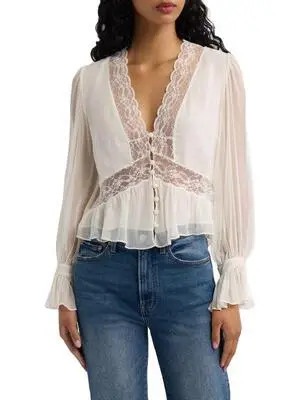 LoveShackFancy Thessira Lace Trim Ruffle Silk Blouse - Pale Stone