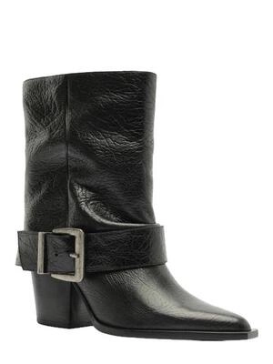Schutz Parker Leather Buckled Pointed Toe Boots - Black