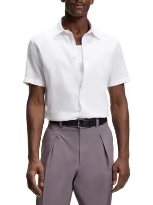 BOSS Short Sleeve Linen Blend Stretch Shirt - White