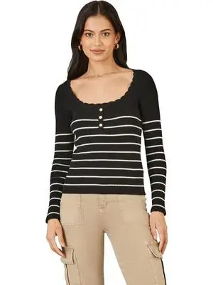 YUMI Button Detail Long Sleeve Rib Knit Top - Black