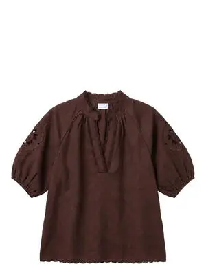 CARTOLINA Catalina Embroidered Linen Blend Top - Cacao