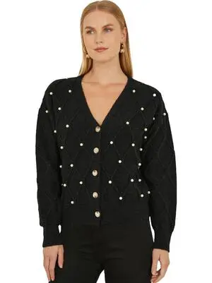 YUMI Beaded Cable Knit Cardigan - Black