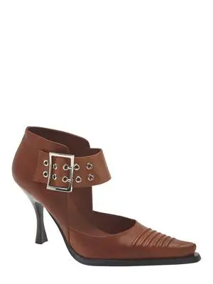 Jeffrey Campbell Distressed Leather Pointed Toe Pumps With Buckled Ankle Strap - Tan Distressed Silver