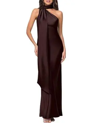 Betsy & Adam Asymmetric Tie Neck Satin Dress - Brown