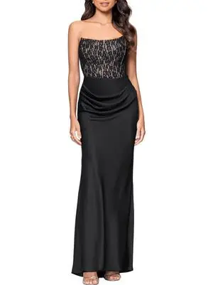 Betsy & Adam Strapless Lace & Satin Gown - Black/nude
