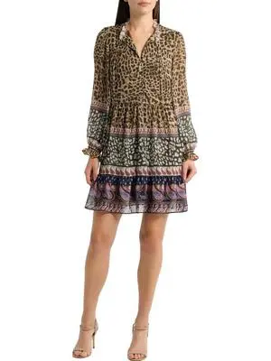 Julia Jordan Mixed Print Long Sleeve Tiered Dress - Brown Multi