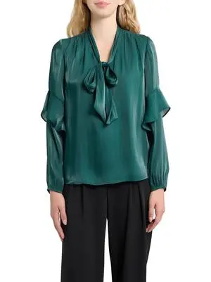 Anne Klein Bow Tied Ruffled Top - Pine Forest