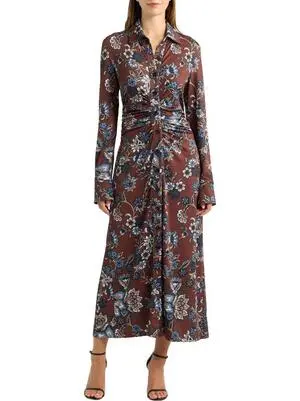Julia Jordan Floral Long Sleeve Midi Shirtdress - Brown Multi