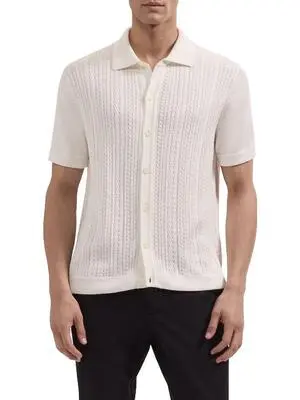 Bugatchi Short Sleeve Cable Knit Button-up Sweater - Chalk