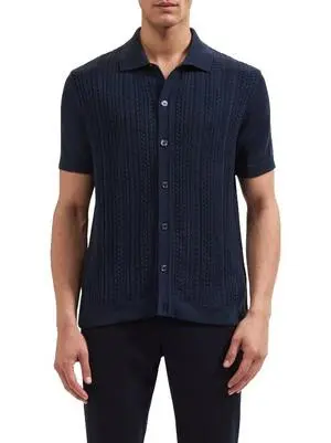 Bugatchi Short Sleeve Cable Knit Button-up Sweater - Navy