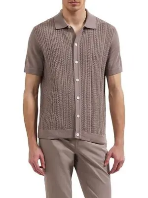 Bugatchi Short Sleeve Cable Knit Button-up Sweater - Walnut