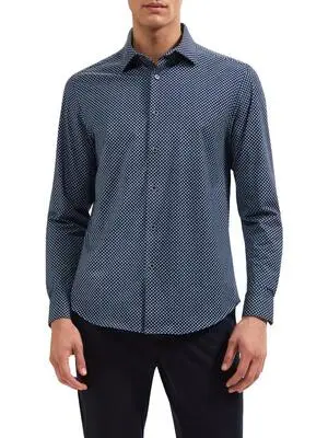 Bugatchi James Geometric Print Ooohcotton Tech Shirt Navy