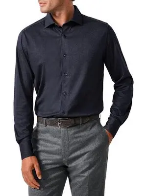 David Donahue Solid Texture Knit Sport Shirt Navy