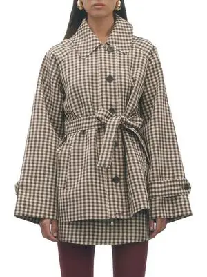 MAUDE CLUB Clarke Gingham Trench Jacket - Brown Beige