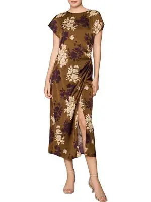 MELLODAY Cap Sleeve Satin Midi Dress - Cumin Multi