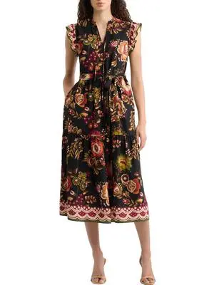 Julia Jordan Floral Border Print Midi Dress - Black Multi
