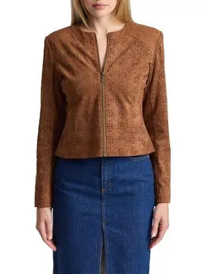 Bagatelle Eyelet Faux Suede Jacket - Saddle