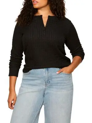 Sanctuary Textured Henley Top With Button Placket - Black