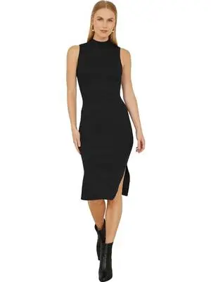 YUMI Fitted Side-slit High-neck Midi Dress - Black