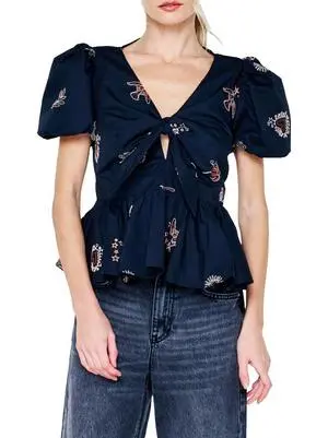 CIEBON Liyana Embroidered Tie Front Peplum Top - Black