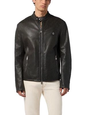 BILLIONAIRE Perforated Leather Moto Jacket - Black