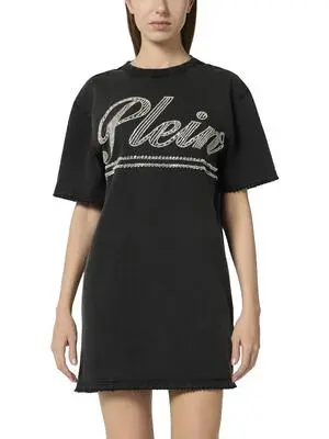 Philipp Plein Open Back T-shirt Dress Strass Signature - Black