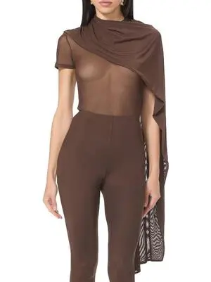 AFRM Fiona Asymmetrical Scarf Detail Mesh Top - Espresso