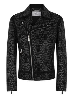 Philipp Plein Suede Biker Jacket With Monogram Stones - Black