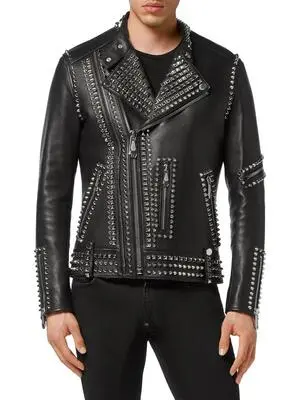 Philipp Plein Studded Leather Biker Jacket - Black
