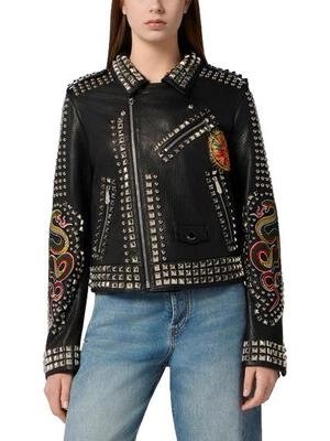 Philipp Plein Boxy Fit Biker Jacket Studs &amp; Patches - Black
