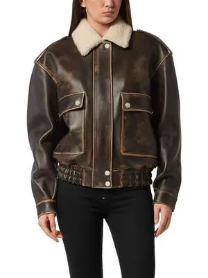 PHILIPP PLEIN PHILIPP PLEIN Leather Aviator Bomber Jacket With Fur Collar And Embroidered Signature