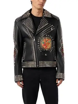 Philipp Plein Vintage Leather Biker Jacket Studs &amp; Patches - Black