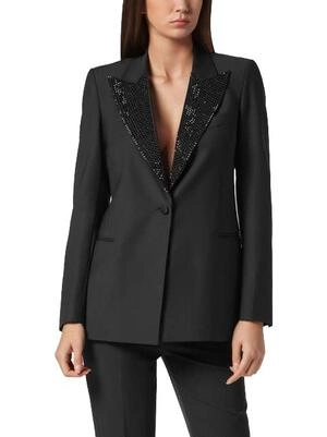 Philipp Plein Wool Boxy Blazer Skull Strass - Black