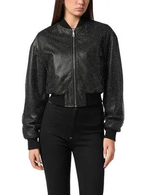 Philipp Plein Leather Crop Bomber Crystal - Black
