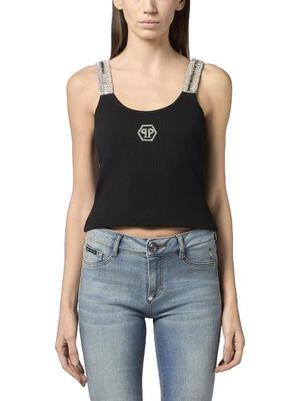 Philipp Plein Ribbed Tank Top With Rhinestone Embellished Straps - Black