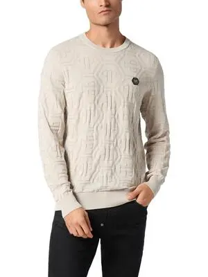Philipp Plein Jacquard Silk Wool Pullover Round Neck Ls Monogram - Beige