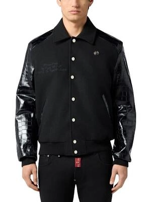 Philipp Plein Coster Jacket With Crocodile-effect Sleeves And Shoulders - Black
