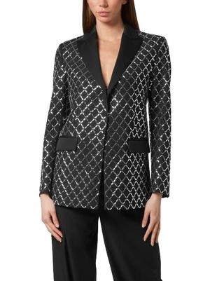 Philipp Plein Wool And Satin Boyfriend Fit Blazer Crystal Rhombus - Black